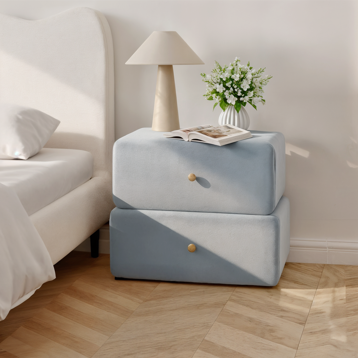 Tyla Velvet Bedside Table with Drawers in Ice Blue