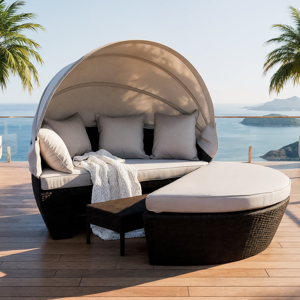 Erith Round Wicker Outdoor Daybed in Light Grey & Black – Luxo Living