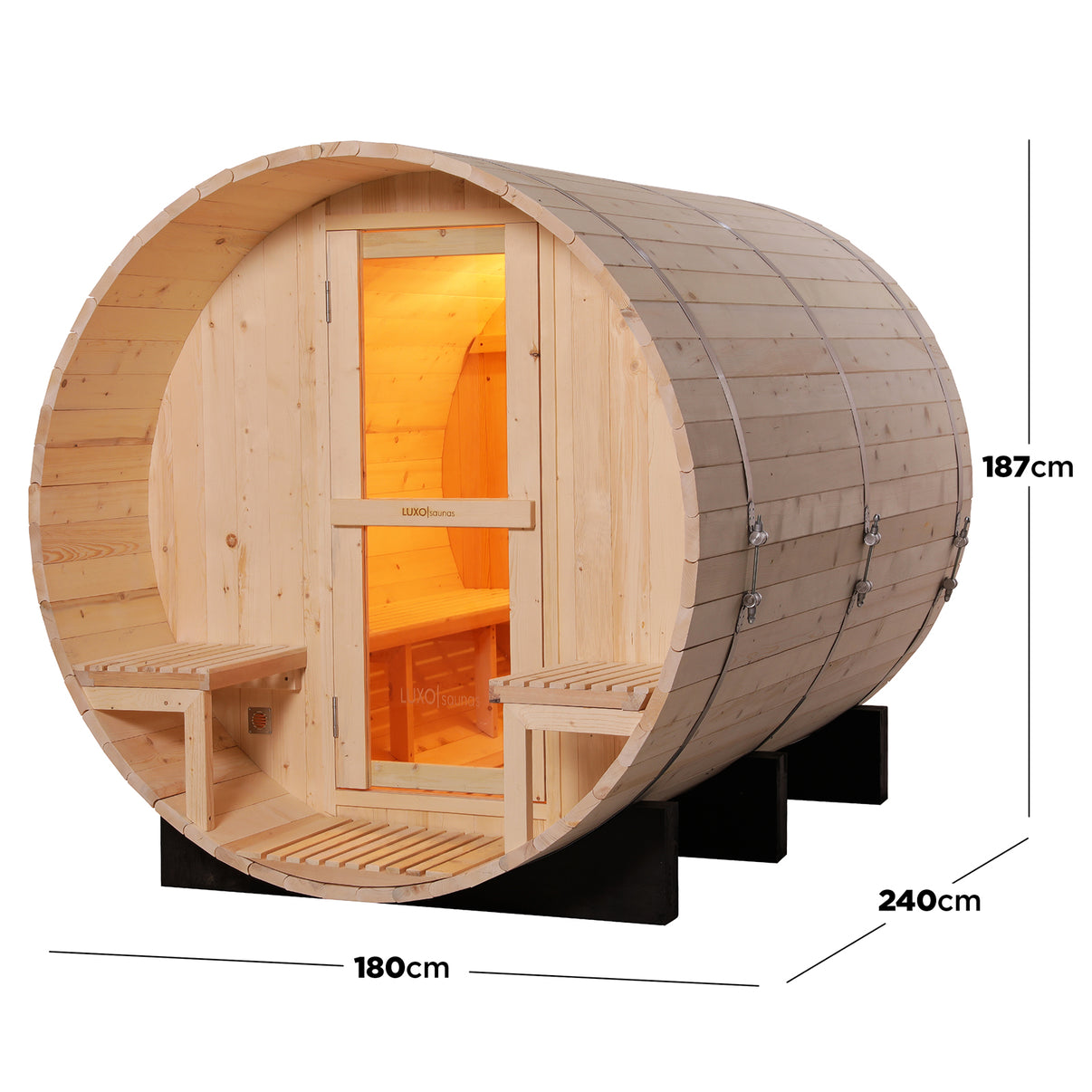 Luola 4 Person Pine Outdoor Barrel Sauna & Harvia Stove – Luxo Living