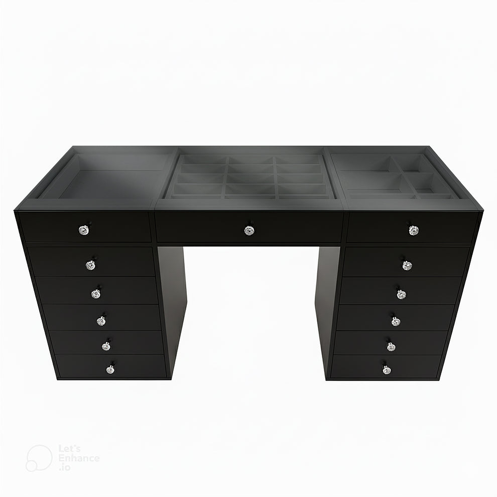 Adeline Glass Top Storage Makeup Dressing Table Desk in Black | Luxo Living