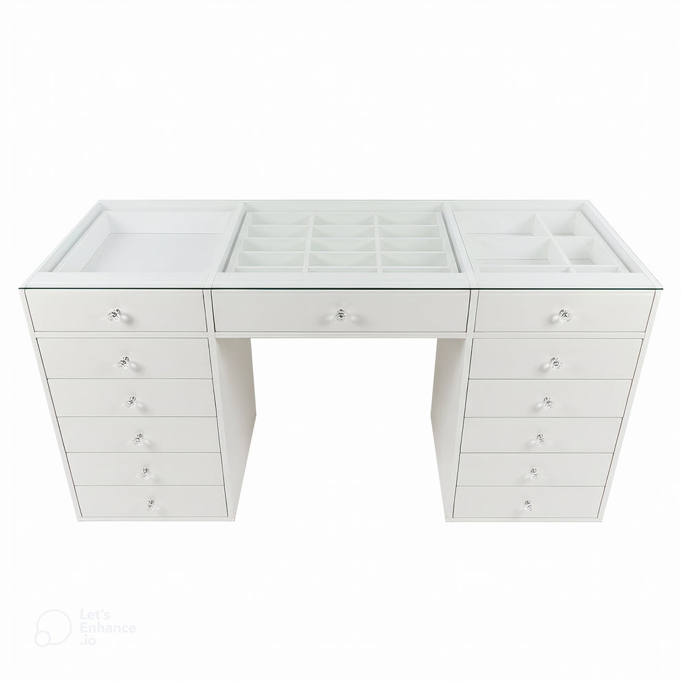 Adeline Glass Top Storage Makeup Dressing Table Desk in White | Luxo Living