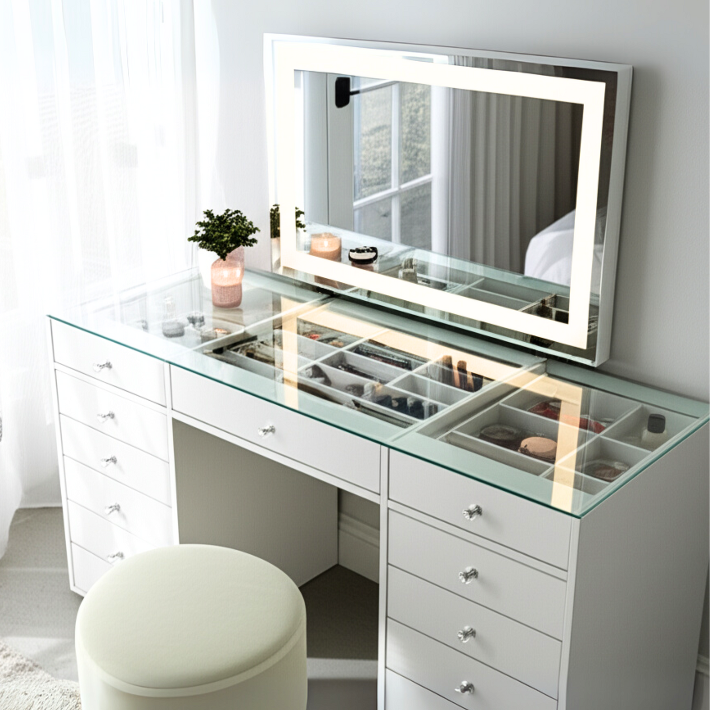 Adeline LED Mirror Storage Dressing Table in White – Luxo Living