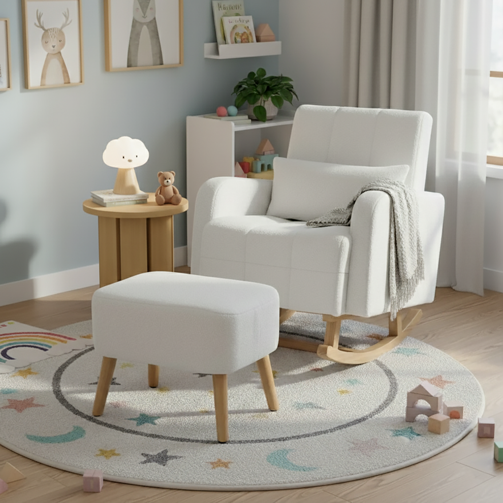 Gamila Boucle Rocking Chair with Ottoman in Cream White – Luxo Living